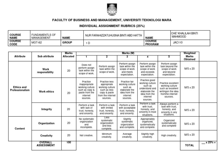 MGT162 Rubric Individual Assignment - October 2023 | PDF
