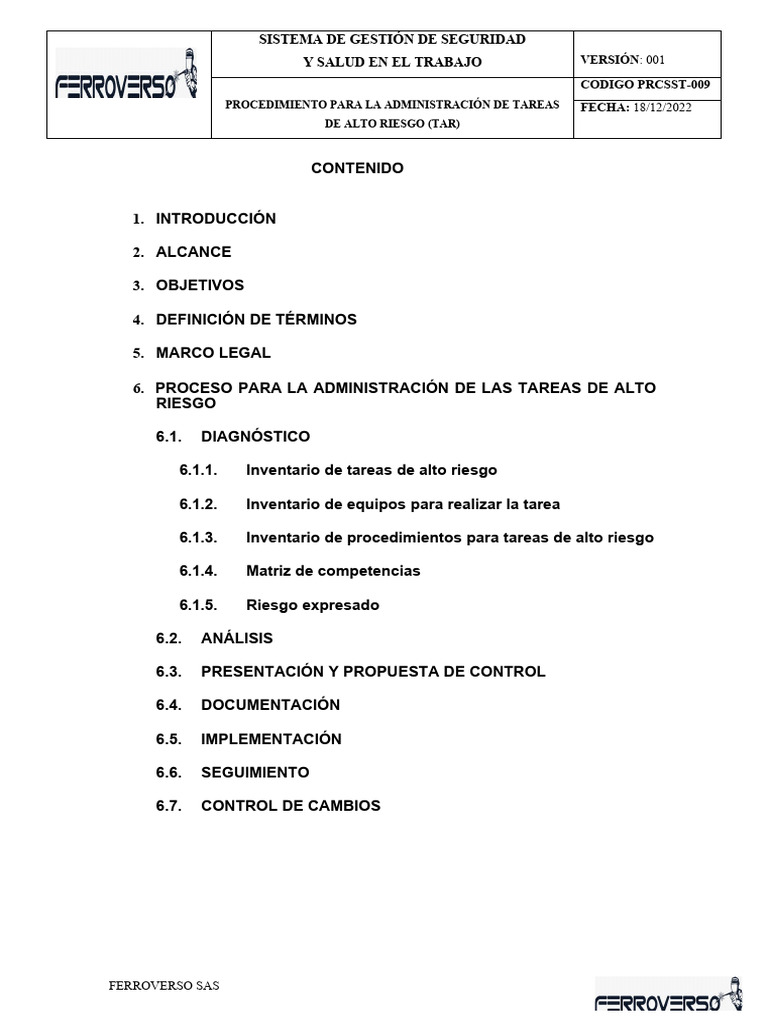PRCSST - 009 Procedimiento para Tareas de Alto Riesgo | PDF | Motores | Business