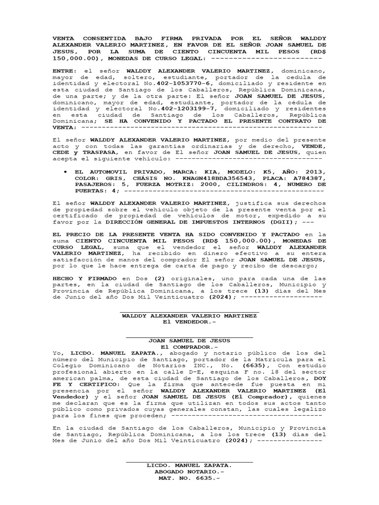 Venta Consentida Bajo Firma Privada Por El Señor Walddy Alexander ...