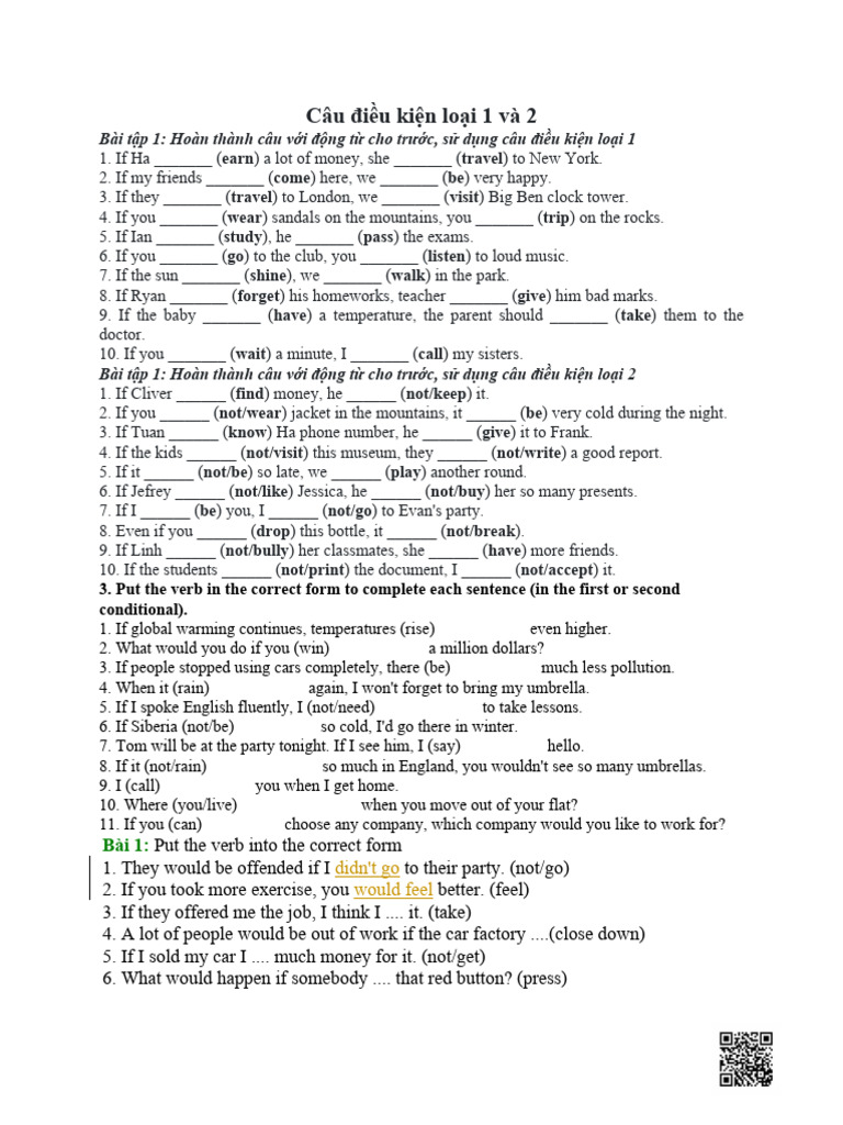 Bài tập 1 conditional 1 và 2 | PDF