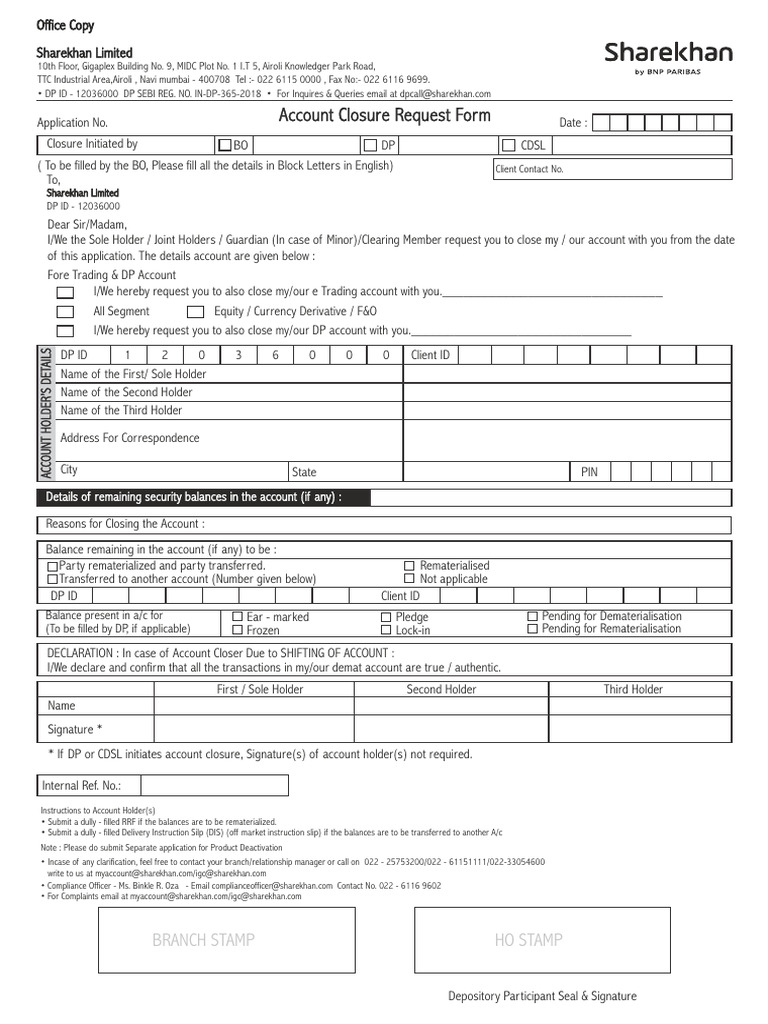 CDSL Account Closure Form Sharekhan | PDF