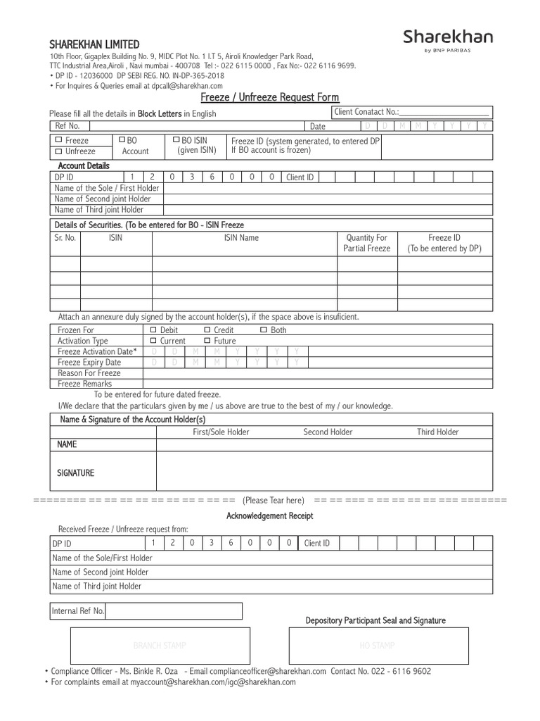 Freeze - Unfreeze Request Form CDSL | PDF
