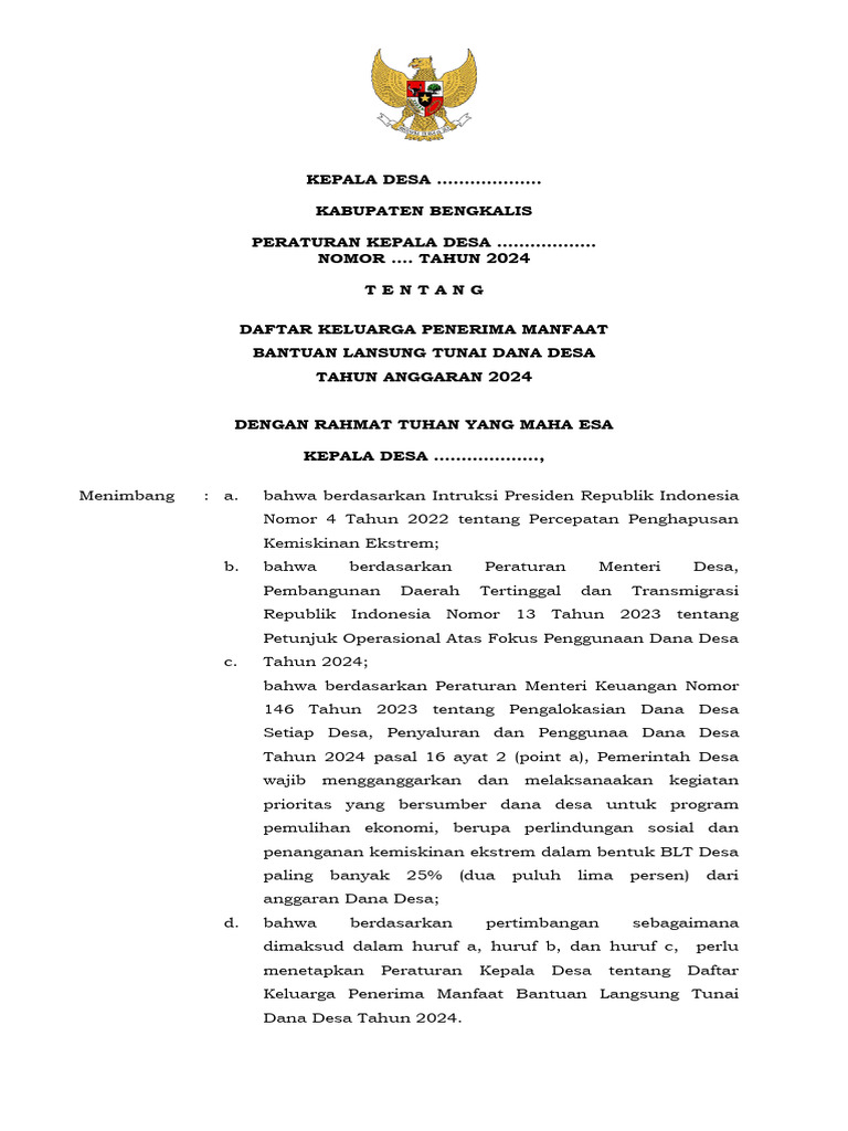 Contoh Perkades KPM BLT DD 2024 | PDF | Pengelolaan Keuangan & Uang