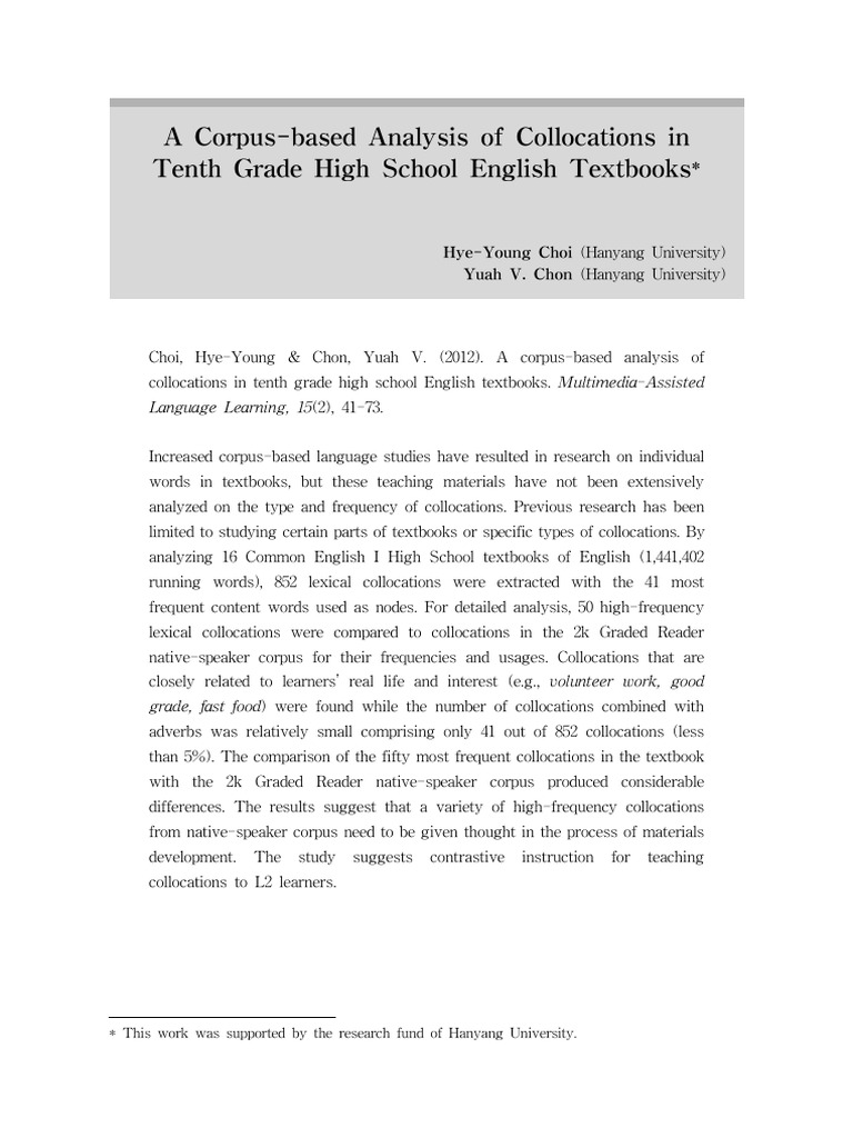 A Corpus Based Analysis Of Collocations In Tenth Grade High School English Textbooks Pdf