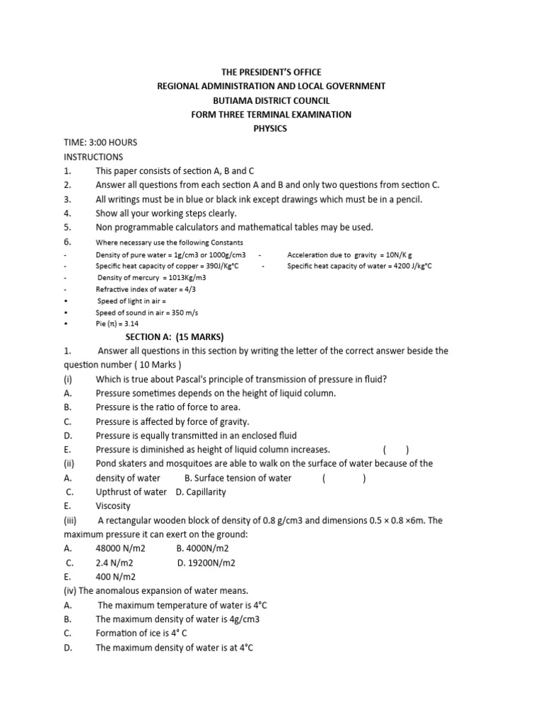 Physics Form Three | PDF | Pressure | Water