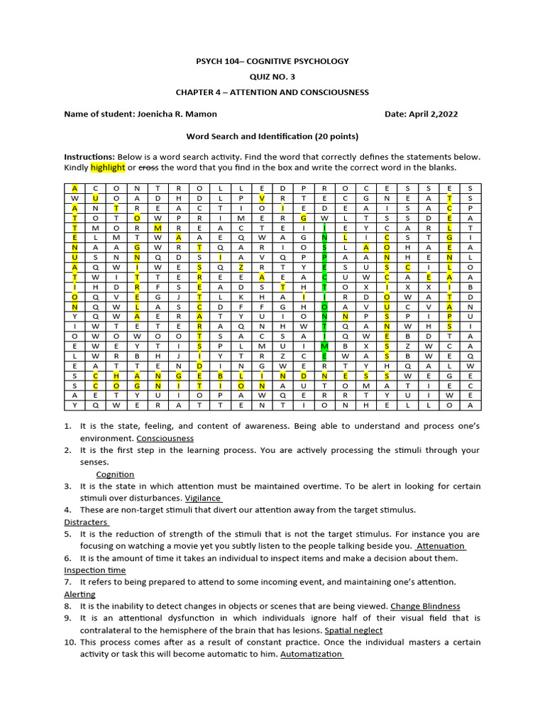 JOENICHA MAMON - PSYCH 104 - Quiz 3 | PDF | Attention | Psychology
