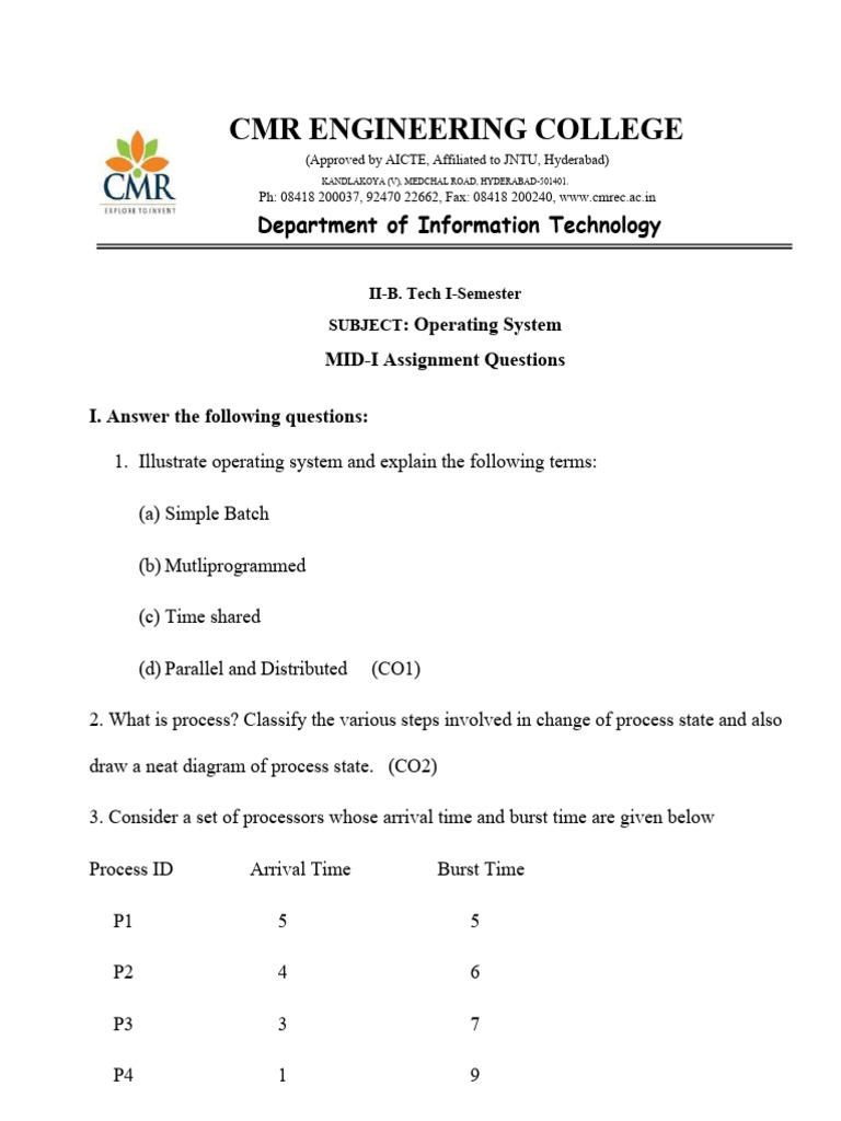 Os Mid1 Assignment | PDF | Computer Engineering | Computer Science