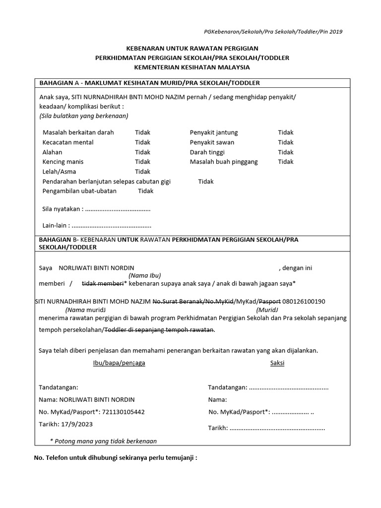 Borang Kebenaran Pemeriksaan Gigi | PDF