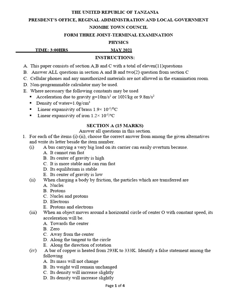 Physics f3 joint njombe 2021 | PDF | Velocity | Acceleration