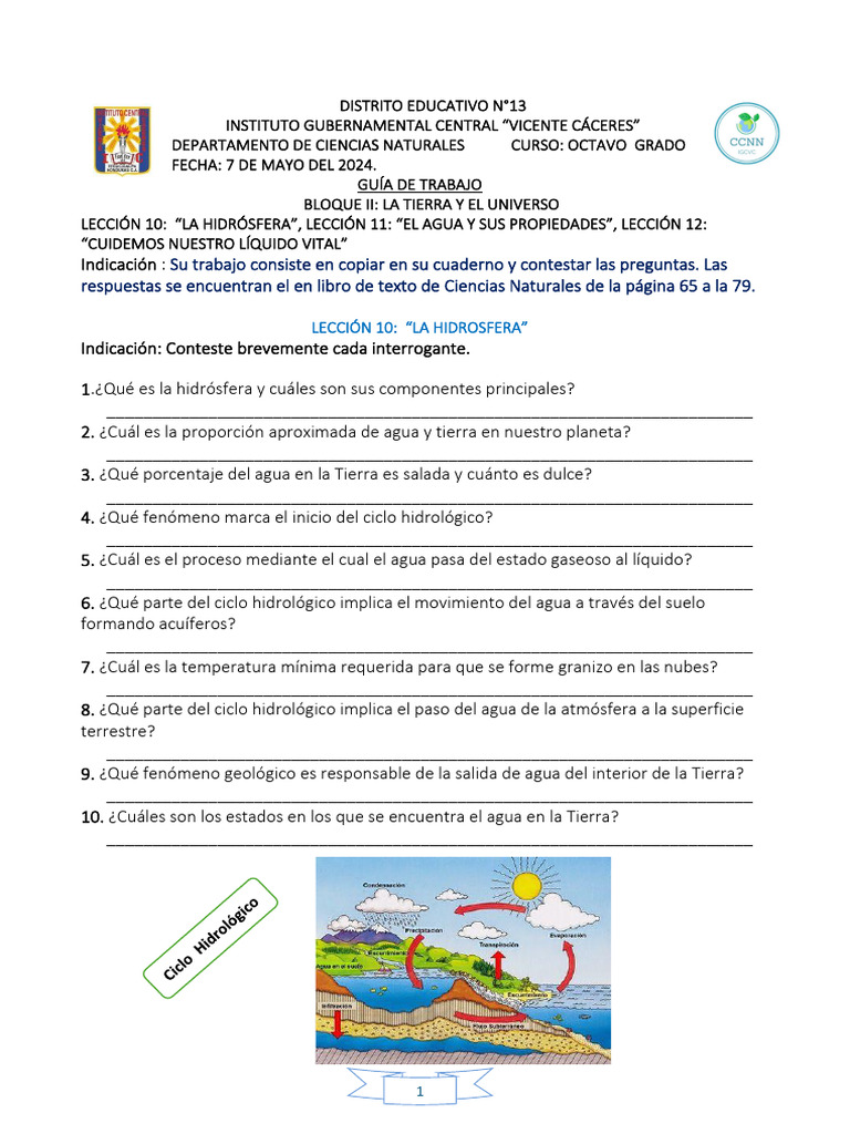 Guía de Ciencias Naturales: La Hidrosfera | PDF | Agua | Propiedades ...