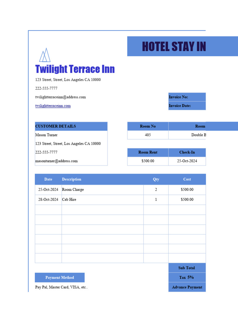 Hotel Stay Invoice Template | PDF