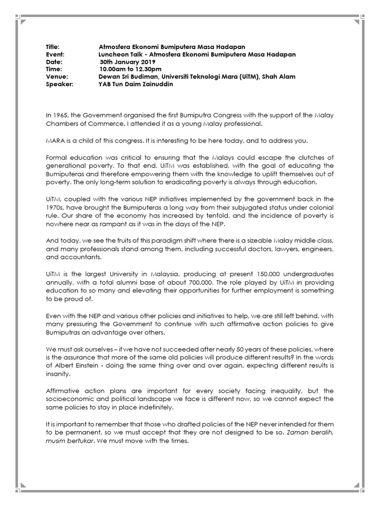 UiTM Speech Tun Daim Zainuddin 2019 | PDF