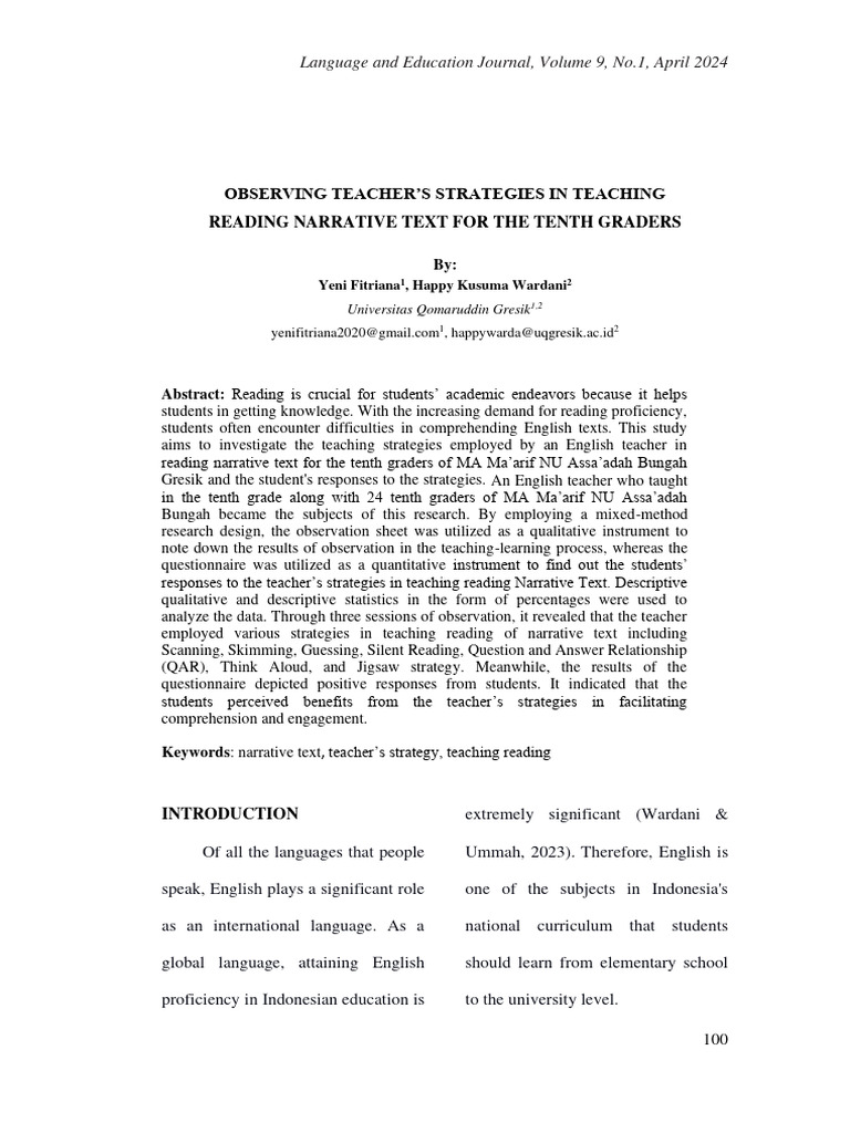 Observing Teacher's Strategies in Teaching Reading Narrative Text For The Tenth Graders | PDF ...