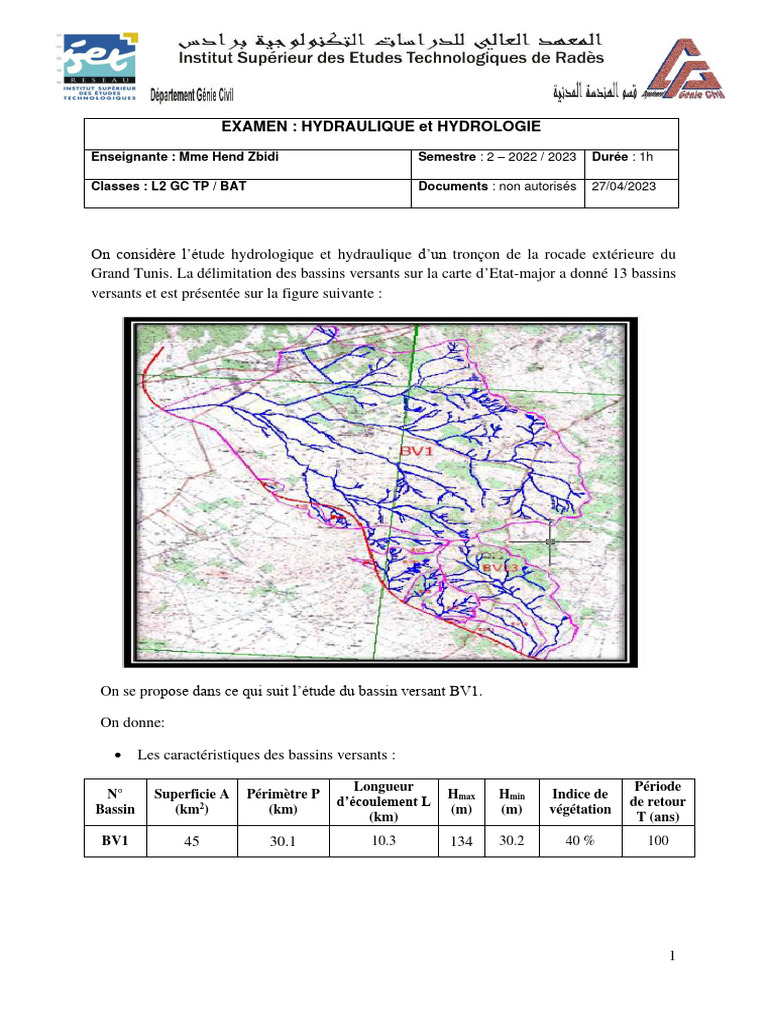 Étude hydraulique du bassin BV1 Grand Tunis | PDF | Débit (hydrologie ...