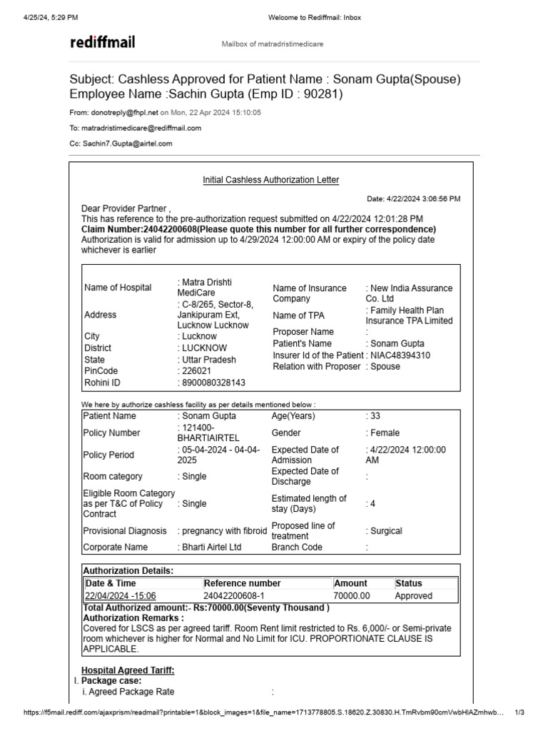 Sonam Preauth Approval Letter | PDF | Insurance | Surgery