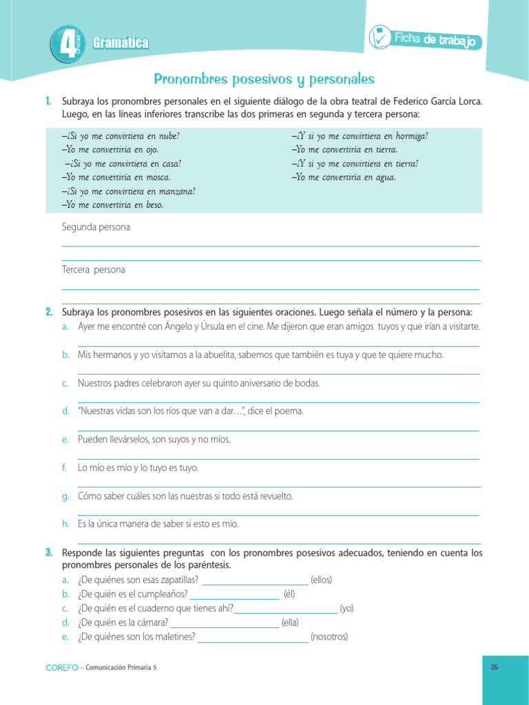 Ficha de Gramática Pronombres Posesivos y Personales | PDF
