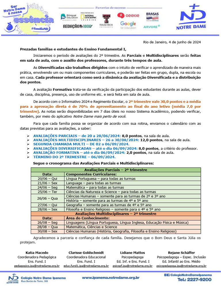 Calend-Rio de Avalia - Es 2 - Tri 2024 | PDF | Bem-estar