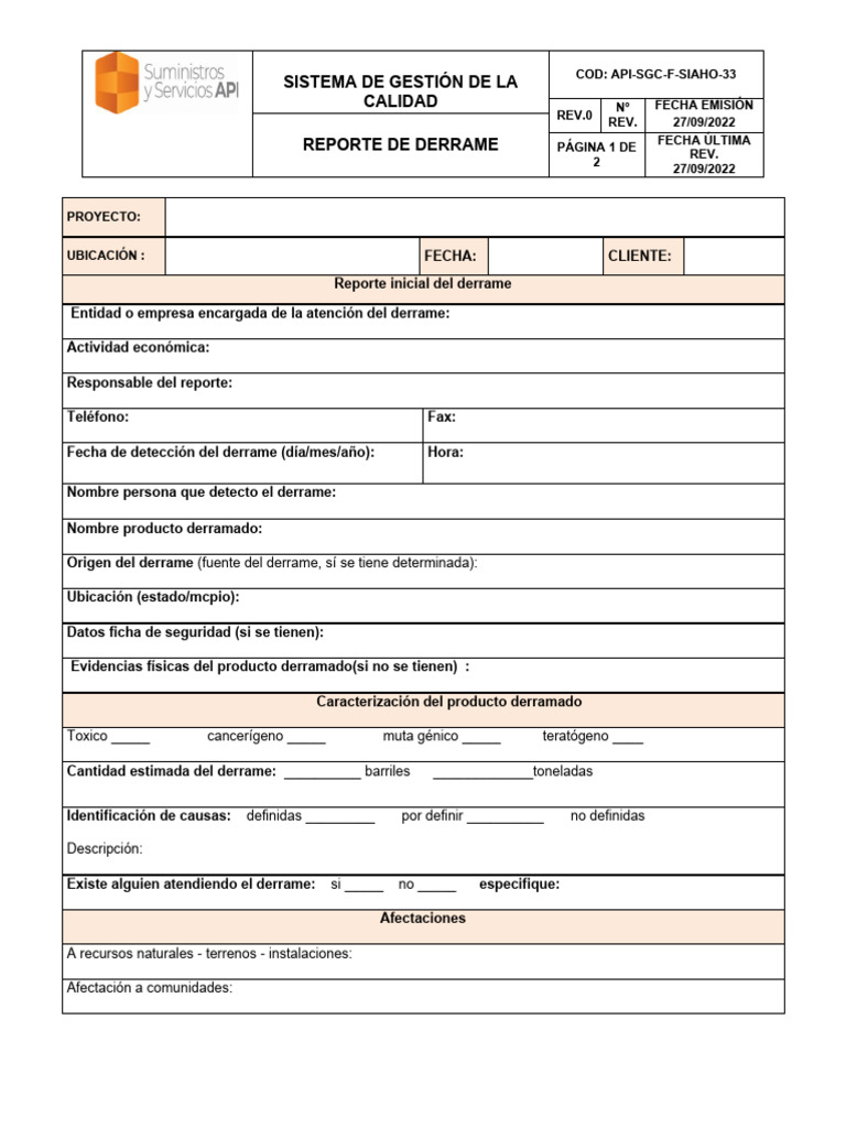 Reporte de Derrame: Detalles y Acciones | PDF