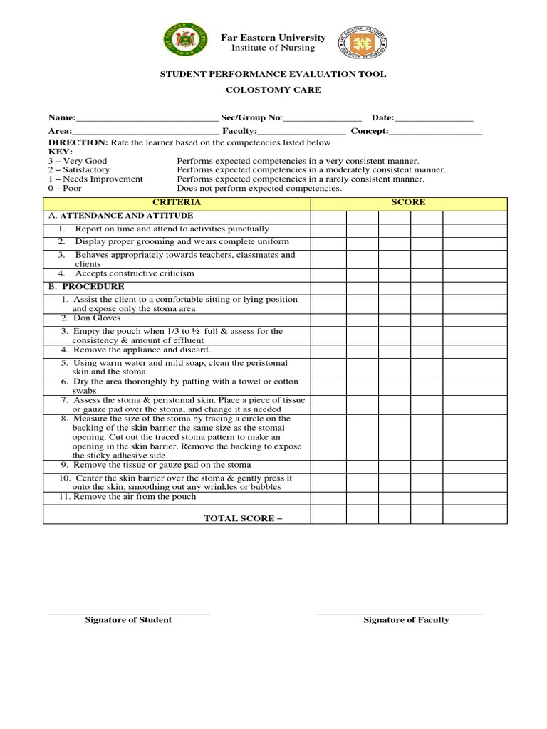 Colostomy Care Student Evaluation Tool | PDF