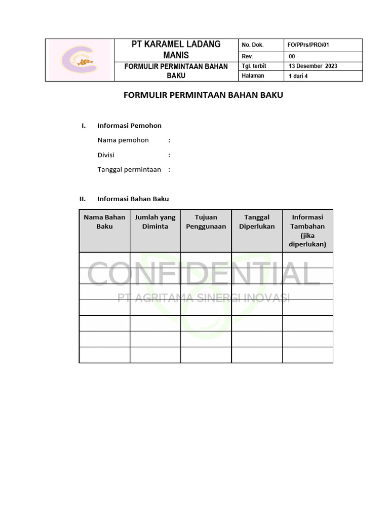Contoh Dokumen Formulir Permintaan Bahan Baku (Level 4) | PDF
