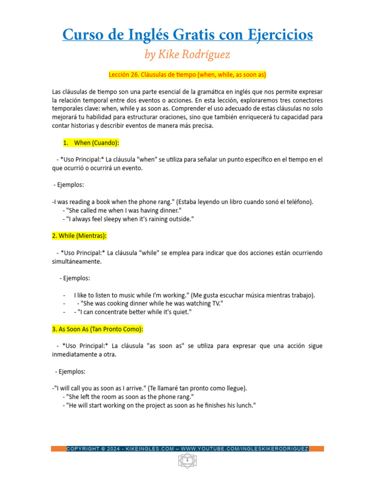 Lección 26 Como usar when, while, as soon as en ingles | PDF