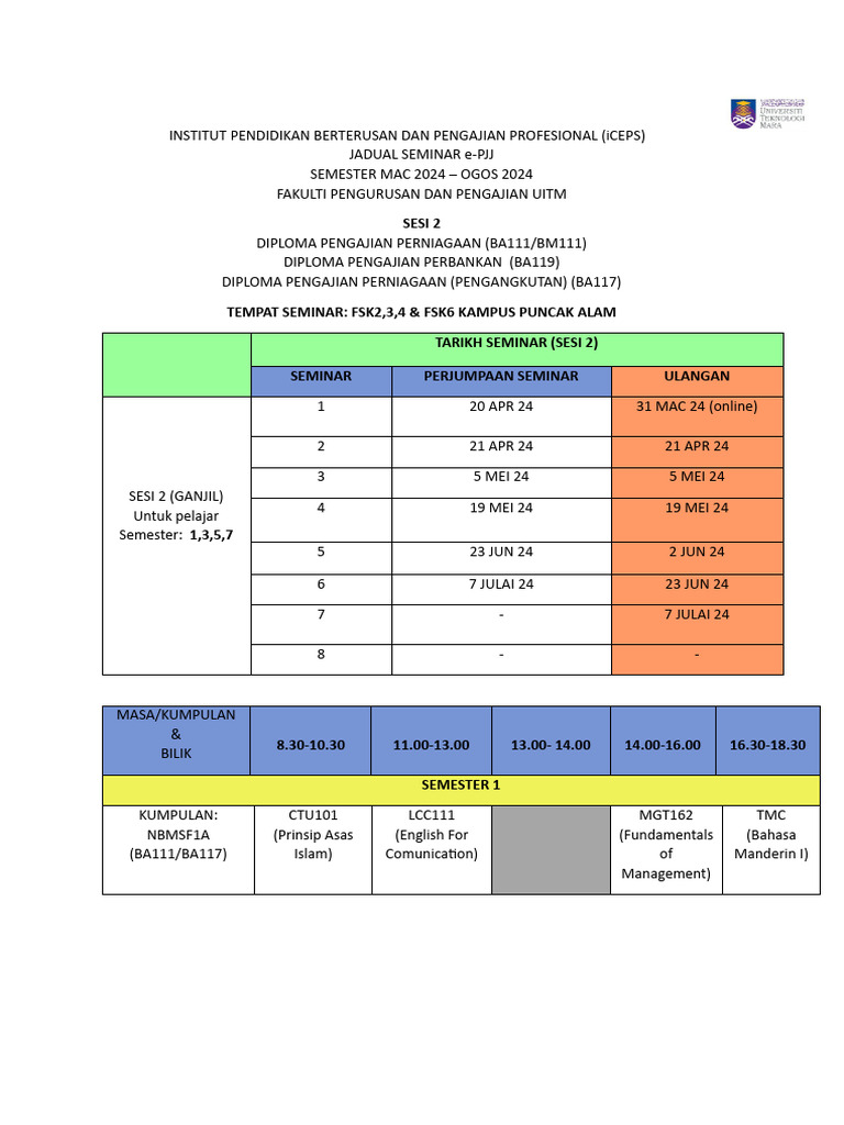 Jadual Kelas Uitm | PDF