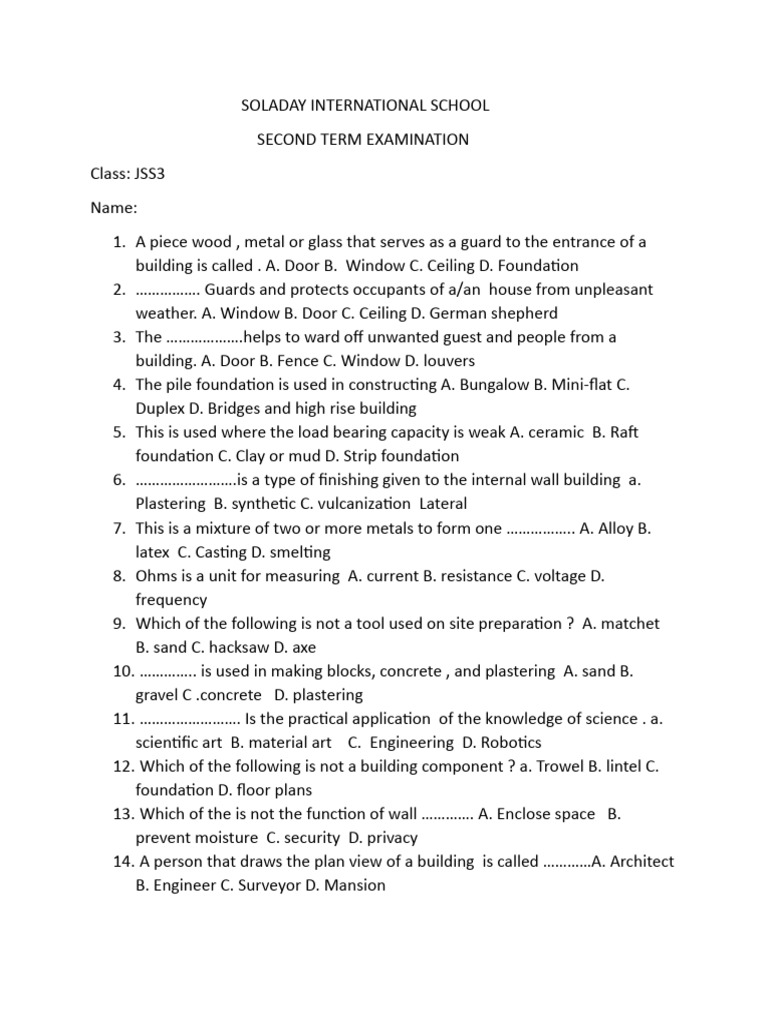 JSS3 Building & Engineering Exam | PDF | Door | Concrete
