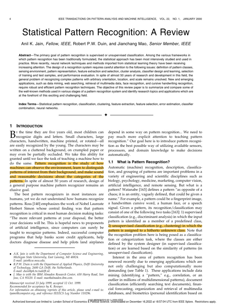 Statistical Pattern Recognition A Review | PDF | Pattern Recognition | Artificial Neural Network