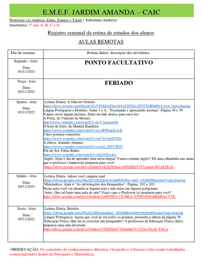 E.M.E.F. Jardim Amanda - Caic: Ponto Facultativo | PDF