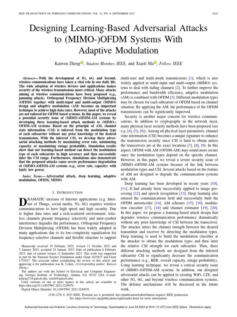 Designing Learning-Based Adversarial Attacks To MIMO-OfDM Systems With Adaptive Modulation ...