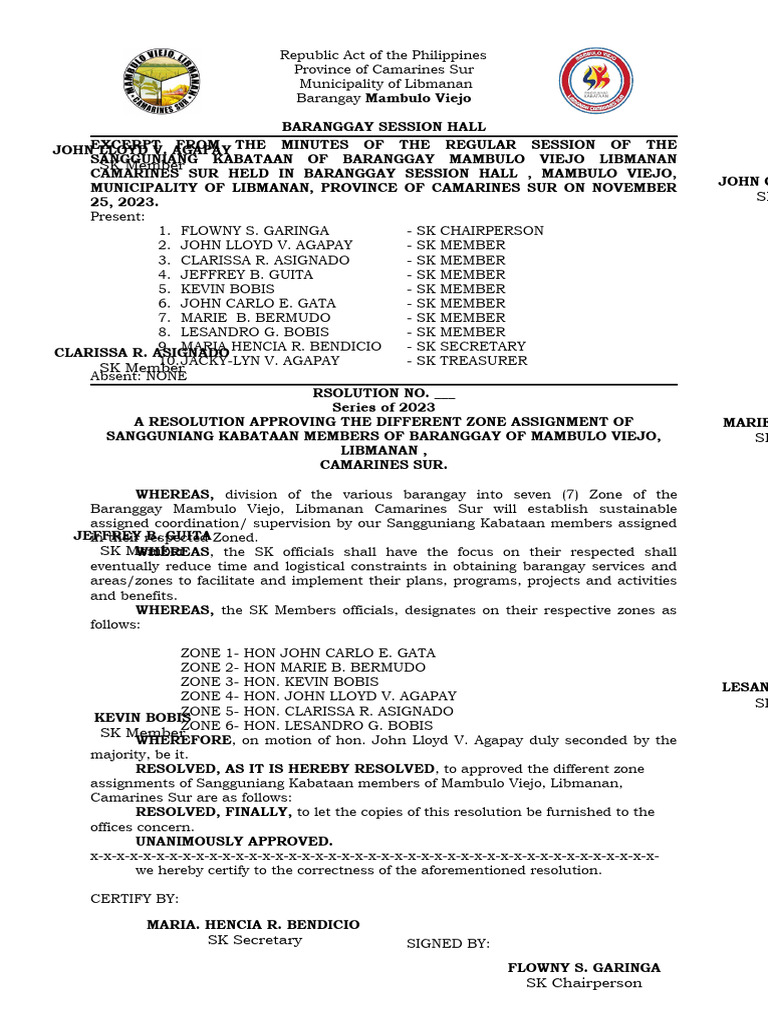 SK Zone Assignments in Mambulo Viejo | PDF