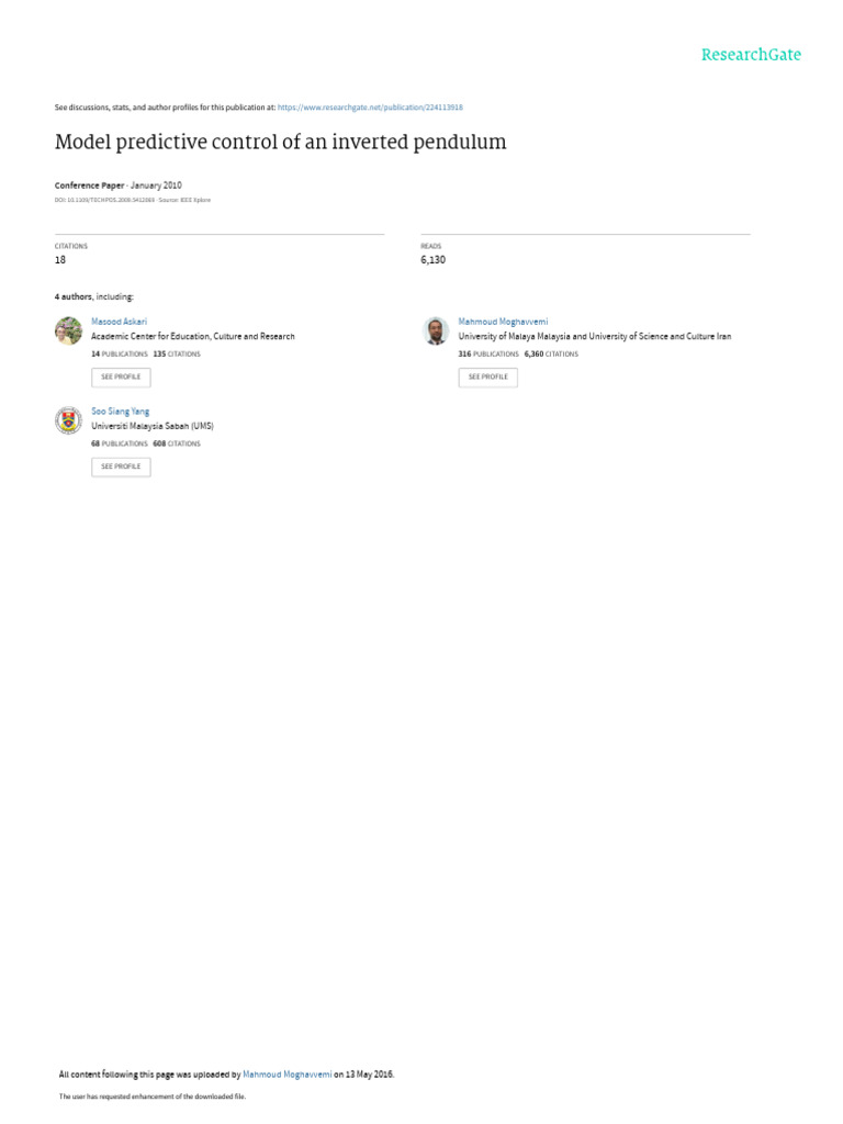 Model Predictive Control Of An Inverted Pendulum Pdf Control Theory