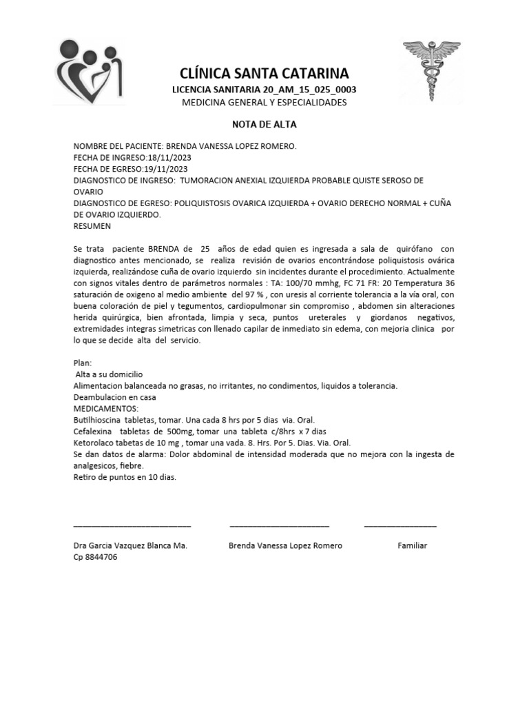 Nota de Alta de Cirugia Ovario | PDF