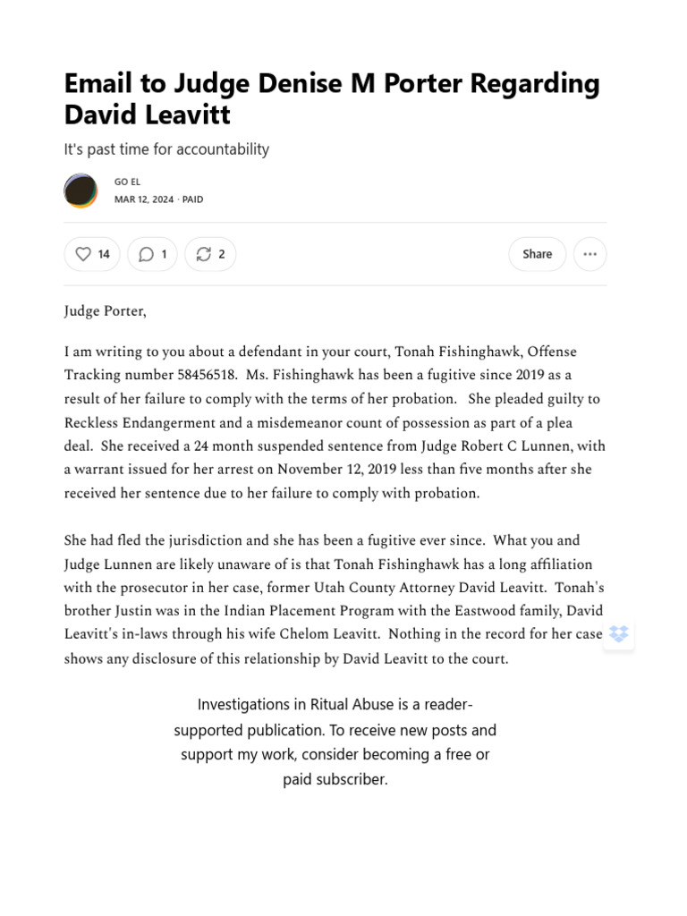 Email To Judge Denise M Porter Regarding David Leavitt | PDF ...