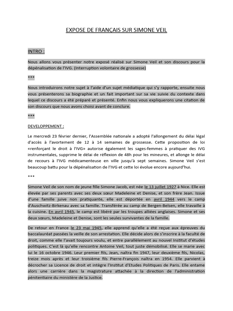 Simone Veil : Lutte pour l'IVG en France | PDF | Avortement | Droits ...