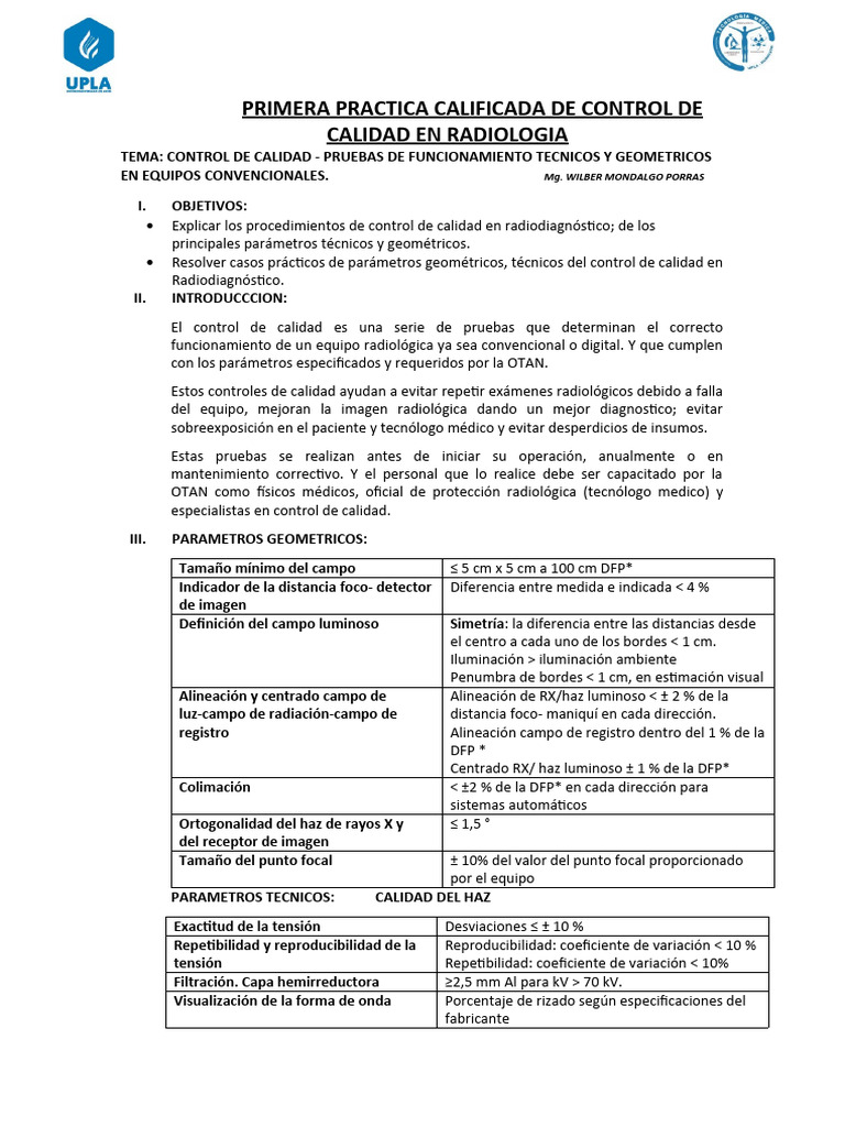 Primera Practica Calificada de Control de Calidad en Radiologia | PDF | Radiología