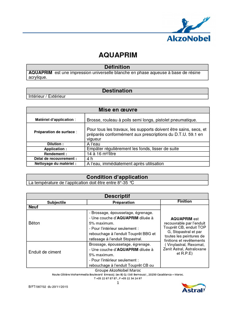Fiche Technique AQUAPRIM AkzoNobel | PDF | Peinture | Processus industriels