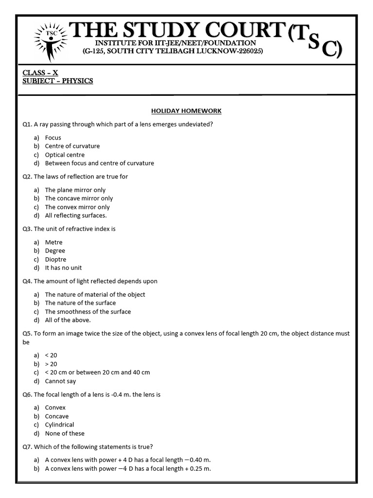 Class 10 Holiday Homework Physics | PDF | Materials Science | Glass ...