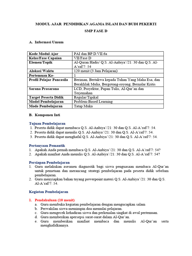 Modul Ajar PAI K-VII SEM 2 | PDF