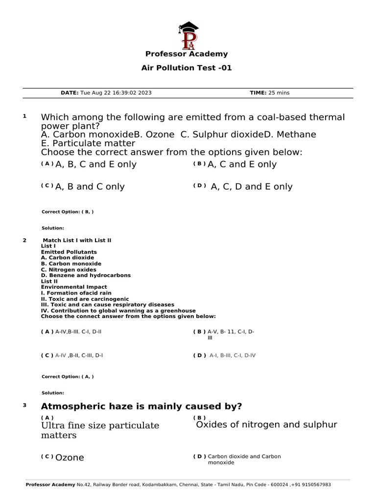 Air Pollution Test - 01 | PDF | Greenhouse Gas | Atmosphere Of Earth