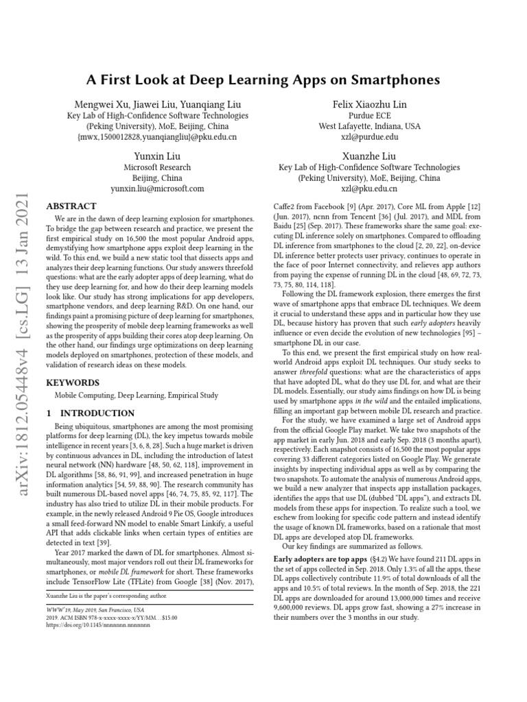 A First Look at Deep Learning Apps On Smartphones: Mengwei Xu, Jiawei Liu, Yuanqiang Liu Felix ...