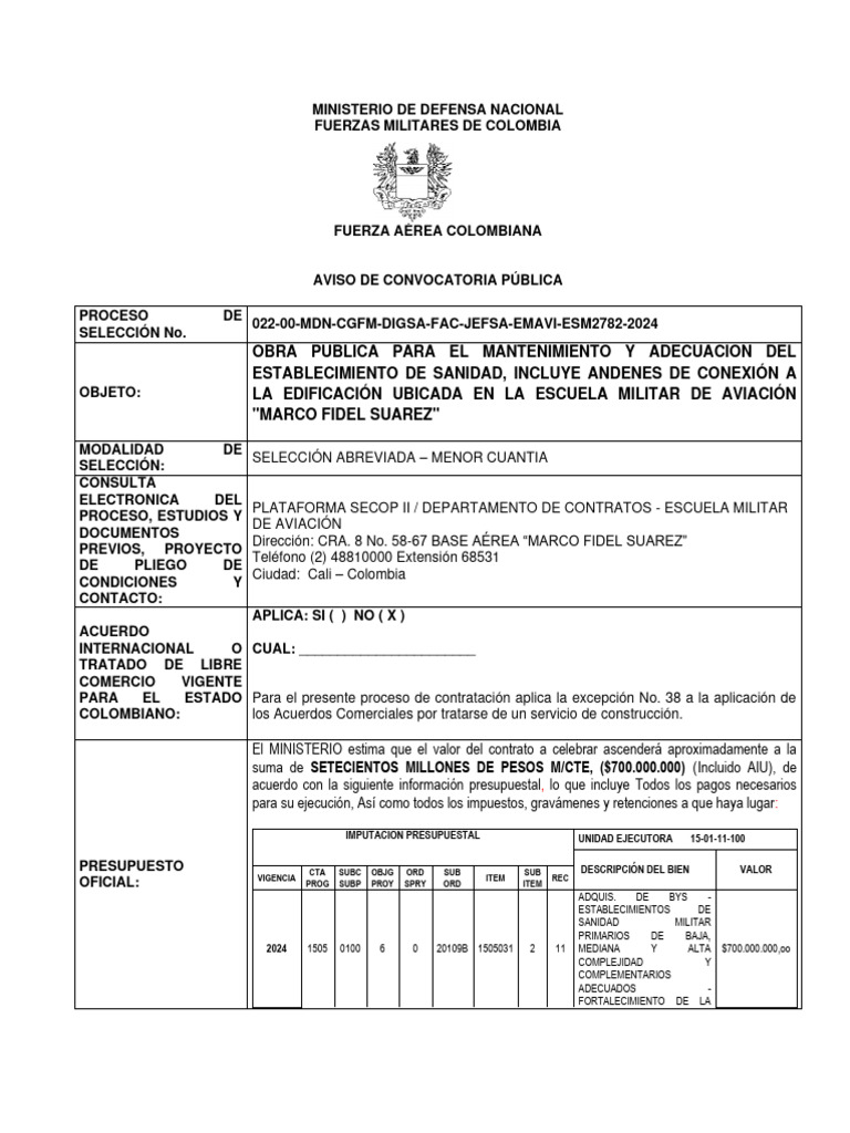 AVISO DE CONVOCATORIA PUBLICA No. 022-00-MDN-CGFM-DIGSA-FAC-JEFSA-EMAVI-ESM2782-2024 | PDF