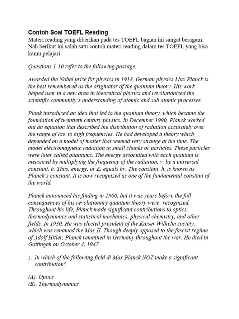Contoh Soal TOEFL Reading | PDF | Physics | Quantum