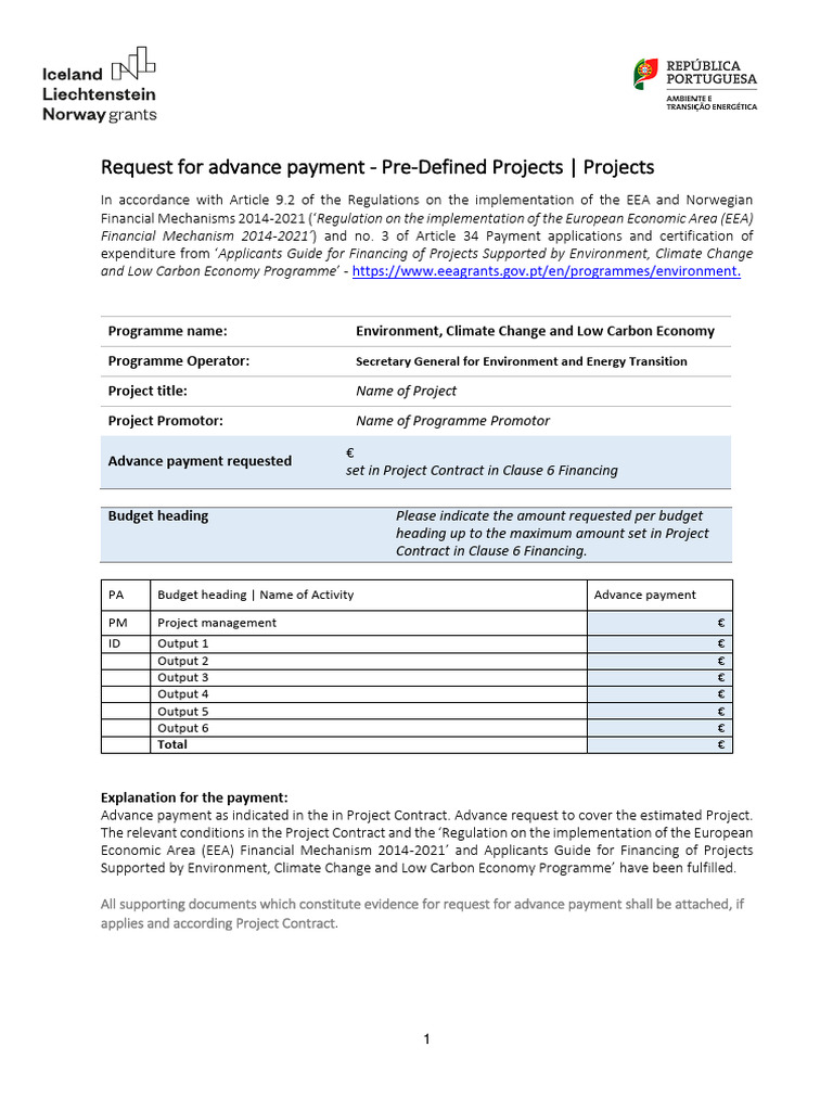 request-for-advance-payments-template_environment-programme | PDF | European Economic Area ...