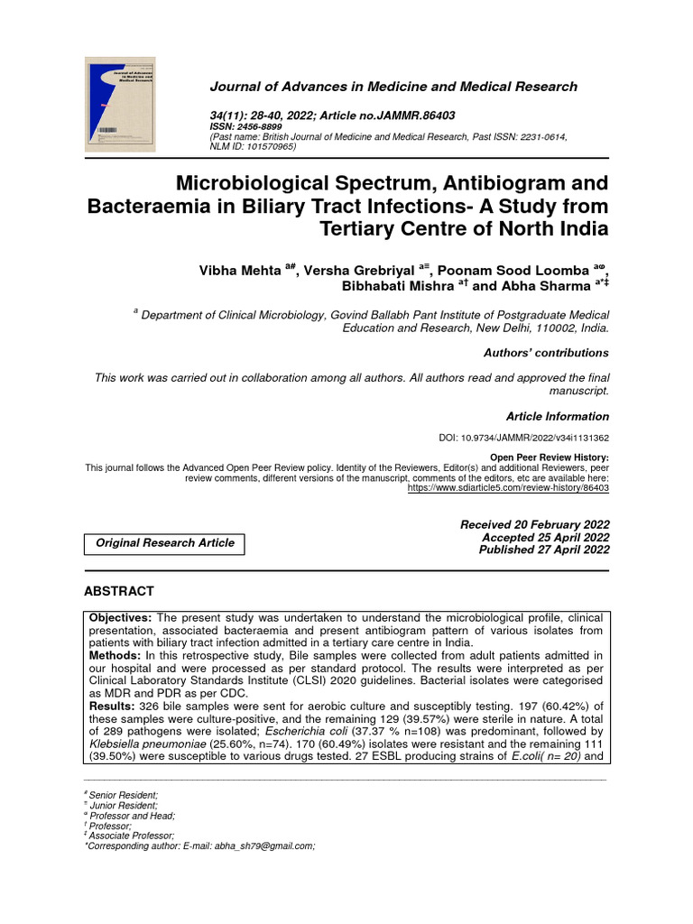 2 Microbiological Spectrum, Antibiogram and Bacteraemia in Biliary Tract Infections - A Study ...