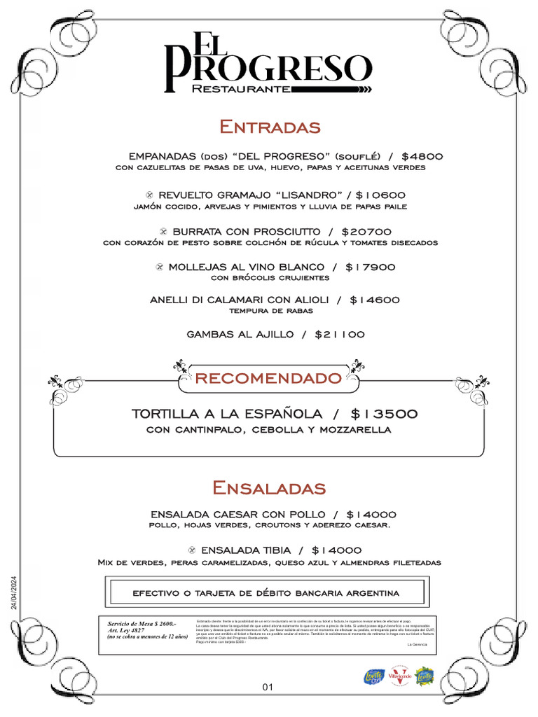 Carta Menu Club Progreso | PDF | ensalada | Cocina occidental