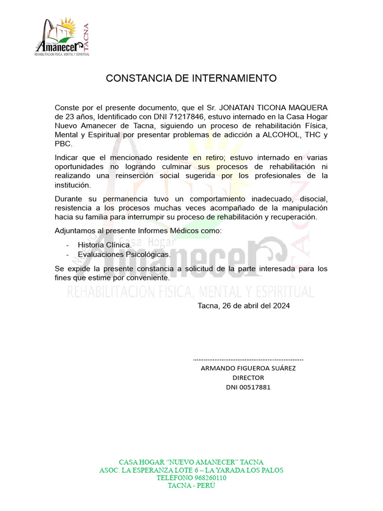 Constancia de Internamiento Modelo | PDF