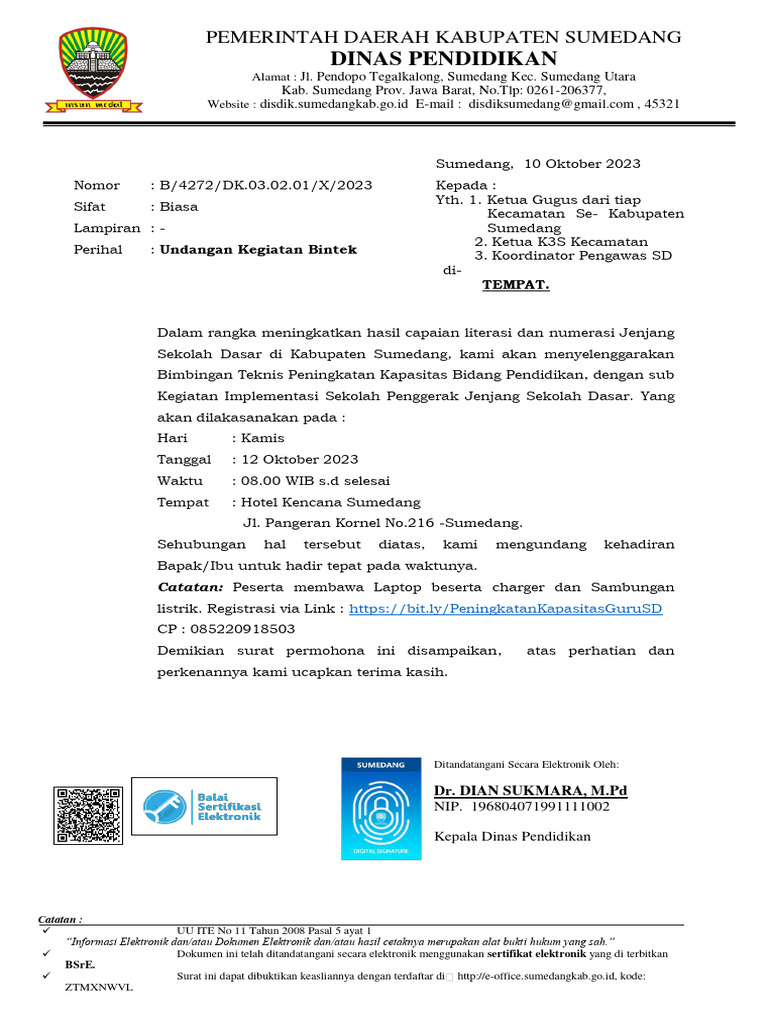 Surat - Biasa - Undangan Bintek Implementasi SP | PDF