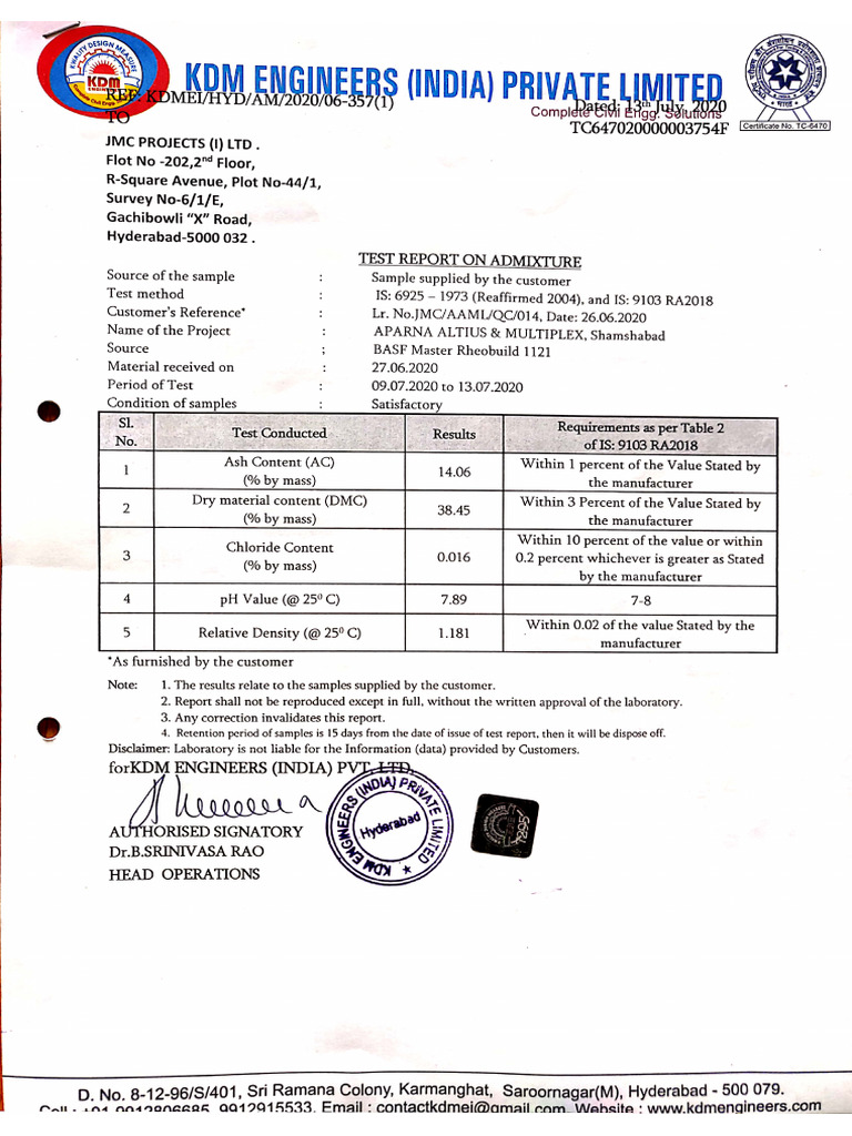 Admixture Test Report - KDM | PDF