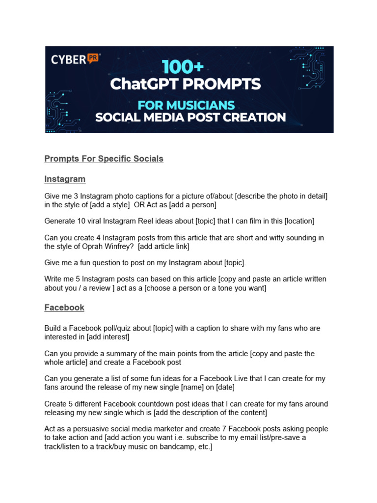 100 ChatGPT Prompts For Musicians Social Media | PDF | Facebook ...